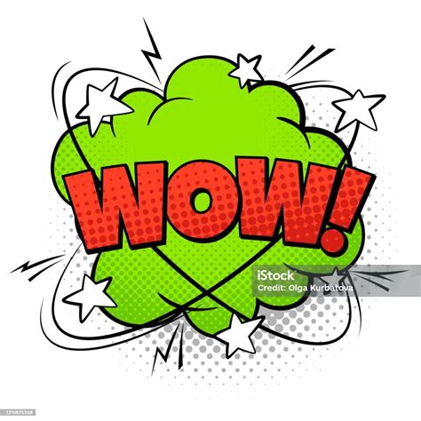 만화 단어 와우 스피치 버블 만화 팝 아트 스타일 하프톤 도트 배경빈티지 사운드 스피치 효과 밝은 빨간색과 녹색 색상 서프라이즈 벡터 일러스트의 짧은 문구 격언에 대한 스톡