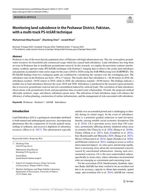 Monitoring Land Subsidence In The Peshawar District Pakistan With A Multi Track Ps Insar