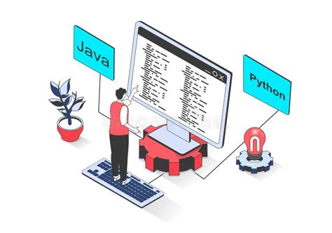 Programming 3d Isometric Concept With Isometry People Design For Web Man Coding On Computer