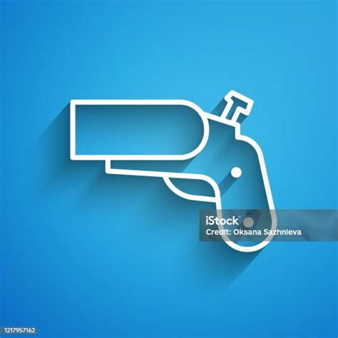 파란색 배경에 격리 된 흰색 선 플레어 총 권총 신호 Sos 아이콘입니다 비상 화재 촬영 대상 연기 오렌지 911 런처 긴 그림자 벡터 일러스트레이션 개념에 대한 스톡 벡터