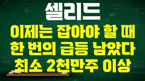 셀리드 주가전망 5천원 근접 이제는 잡아야 할 때 27일 이후 본격 상승 예고 한 번의 급등 남았다 거래량 최소 2천만주 이상 24년 8월 반복할 것 Youtube