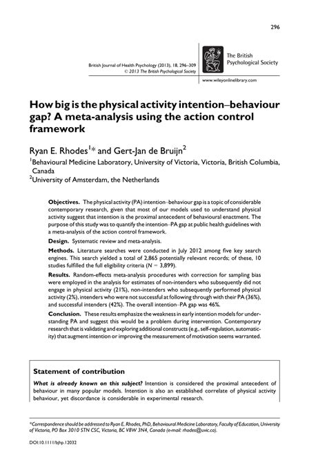 Pdf How Big Is The Physical Activity Intention Behaviour Gap A Meta Analysis Using The Action
