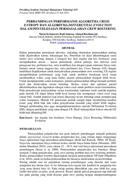 Pdf Perbandingan Performansi Algoritma Cross Entropy Dan Algoritma Differential Evolution
