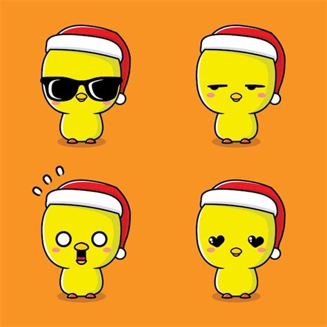 산타 모자에 귀여운 병아리 이모티콘의 벡터 일러스트 레이 션 프리미엄 벡터