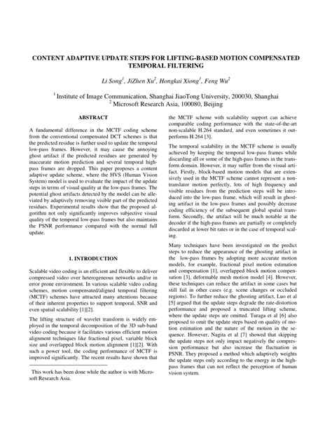Pdf Content Adaptive Update For Lifting Based Motion Compensated Temporal Filtering