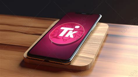 3d 렌더링 스마트폰 배경을 통해 나무 데스크탑에 표시되는 Tiktok 앱 로고 나무 표시 배경 앱 화면 배경 3d