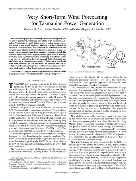 Pdf Very Short Term Wind Forecasting For Tasmanian Power Generation