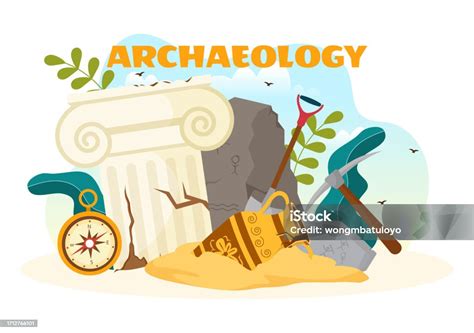 고대 유적 유물 및 공룡 화석의 고고학적 발굴이 포함된 고고학 벡터 일러스트레이션은 평평한 만화 손으로 그린 템플릿에 있습니다 건축에 대한 스톡 벡터 아트 및 기타 이미지