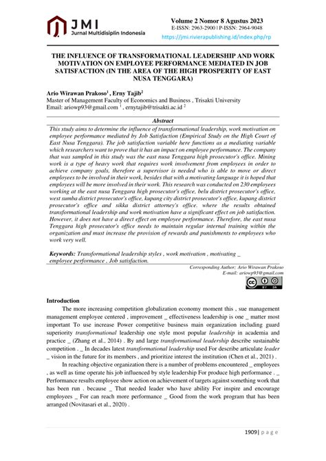 Pdf The Influence Of Transformational Leadership And Work Motivation On Employee Performance