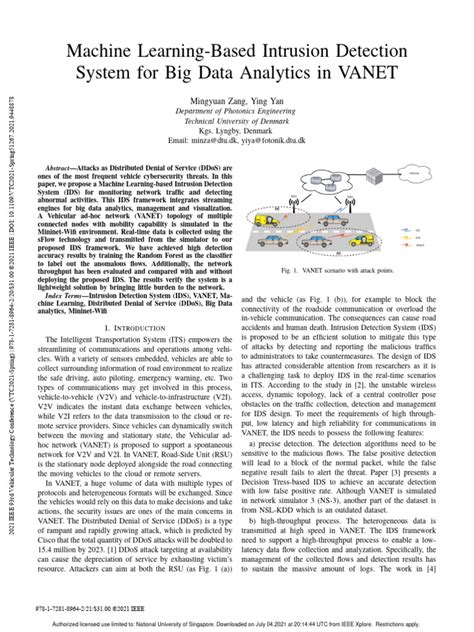 Machine Learning Based Intrusion Detection System For Big Data Analytics In Vanet Pdf