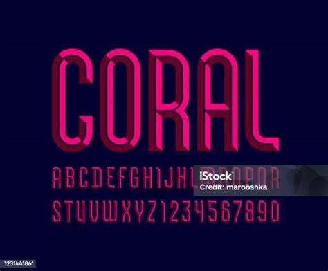 분홍색 글꼴 끌 블록에서 밝은 알파벳 경사진 문자와 숫자 벡터 일러스트 10eps 컴퓨터 글자에 대한 스톡 벡터 아트 및 기타