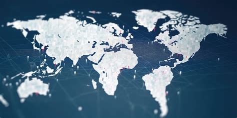 Digital World Map With Glowing Cyber Data Points On Dark Background