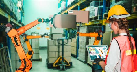 Smart Robot Arm Systems For Innovative Warehouse And Factory Digital Technology Stock Image
