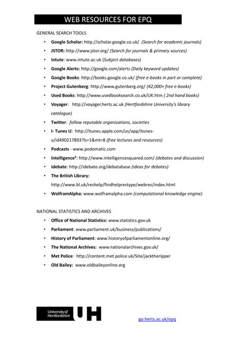 WEB RESOURCES For Epq