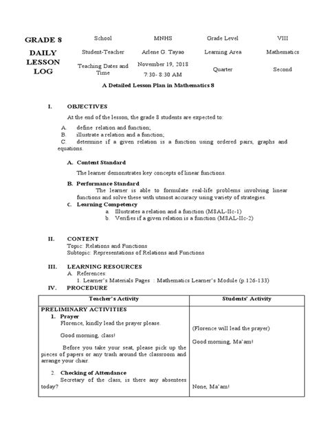 Lesson Plan Functions And Relations Pdf Function Mathematics Equations