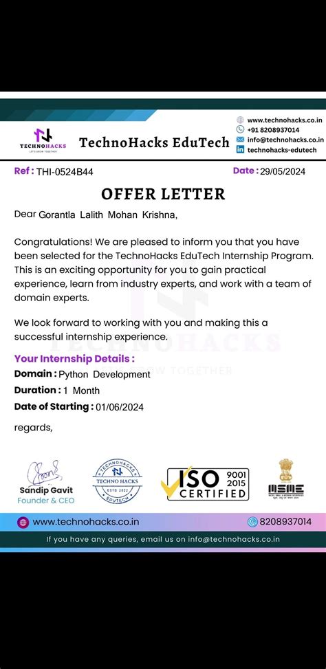Lalith Mohan Krishna Gorantla On Linkedin Offer Letter By Technohacks Edutech Official Sandip Gavit