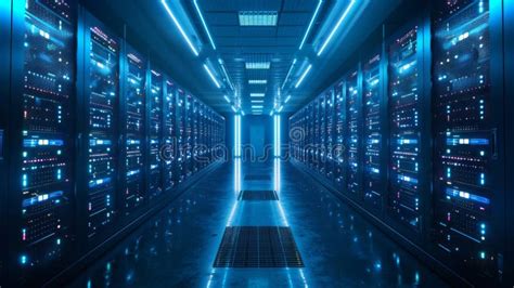 High Tech Server Room Illuminated By Blue Lights Showcasing Rows Of Advanced Computing Equipment