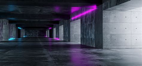 현대 그런 지 어두운 콘크리트 빈 긴 터널 자주색과 파란 네온 빛 튜브 공상 우아한 3d 렌더링 0명에 대한 스톡 사진 및 기타 이미지 Istock