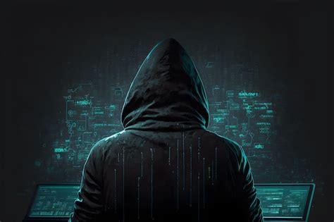 Premium Photo Evil Hacker In Black Hood And Mask On Dark Blackcyan Data Background Neural