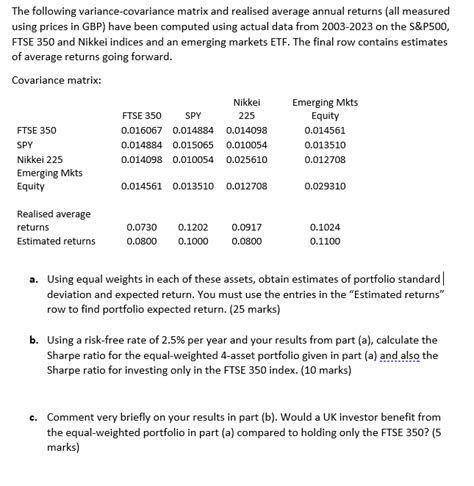 Solved The Following Variance Covariance Matrix And Realised Chegg