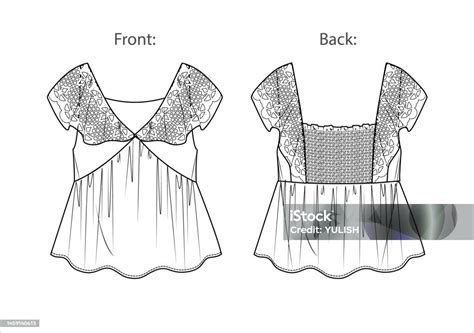 프릴 패션 Cad가 있는 벡터 민소매 탑 프릴과 레이스 세부 사항이 있는 여성 탱크 탑 기술 도면 템플릿 스케치 플랫 저지 또는 우븐 패브릭 상단 0명에 대한 스톡 벡터