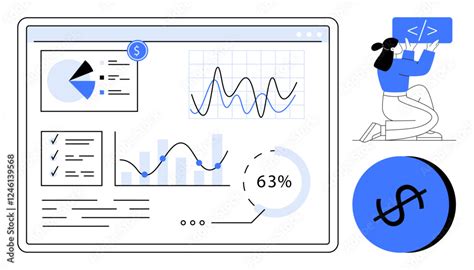 Various Charts Graphs And Financial Data Displayed On A Dashboard Person With Code Icon