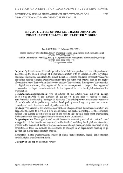 Key Activities Of Digital Transformation Comparative Analysis Of Selected Model S I L E S I
