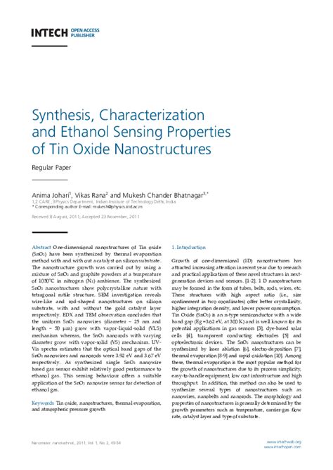 Pdf Synthesis Characterization And Ethanol Sensing Properties Of Tin