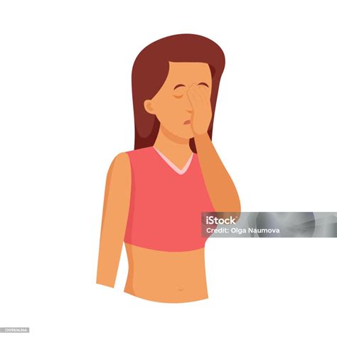 시원한 어린 소녀 에 스포츠 브래지어 커버 그의 얼굴 와 손 손바닥 실망에 대한 스톡 벡터 아트 및 기타 이미지 실망 가리기 걱정하는 Istock