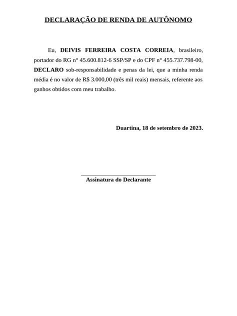 Declaração De Renda De Autônomo Pdf