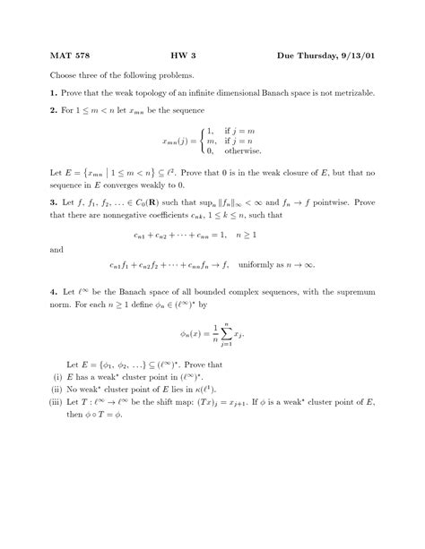 Homework 3 Questions Functional Analysis Fall 2001 Mat 578 Docsity