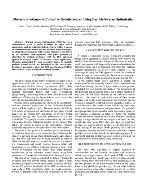 Pdf Obstacle Avoidance In Collective Robotic Search Using Particle Swarm Optimization