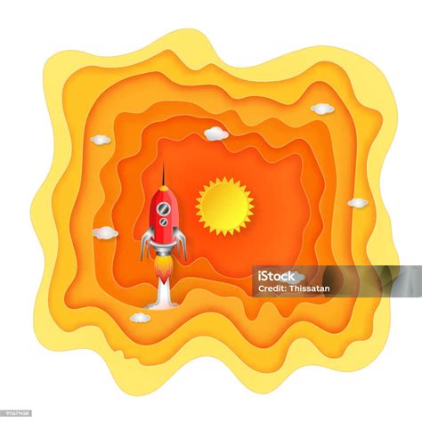 종이 접기 종이 예술 크 래 프 트 스타일으로 산 로켓 발사 비행 써니와 더운 날씨에 구름의 마천루를 레이어 하 고 개념을 시작 합니다 벡터 일러스트 레이 터 거친에 대한
