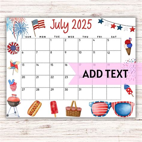 Editable Printable July Calendar 2025 Cute 4th Of July Calendar W
