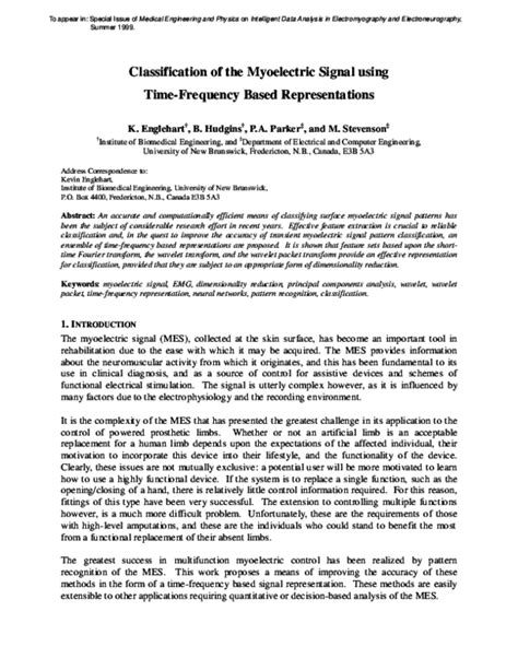 Pdf Classification Of The Myoelectric Signal Using Time Frequency Based Representations