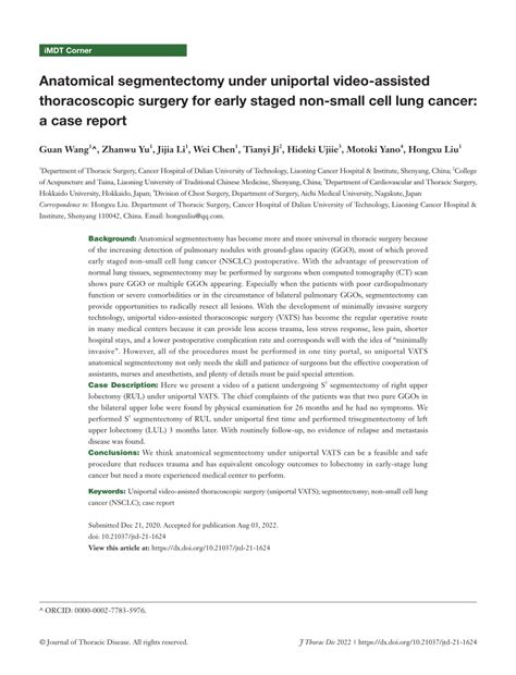 Pdf Anatomical Segmentectomy Under Uniportal Video Assisted Thoracoscopic Surgery For Early