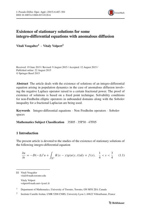 Pdf Existence Of Stationary Solutions For Some Integro Differential Equations With Anomalous