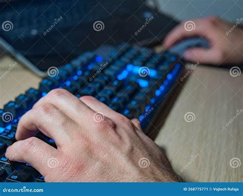 Male Hands Typing On Backlit Keyboard While Working At Night Stock Image Image Of Hand Gaming