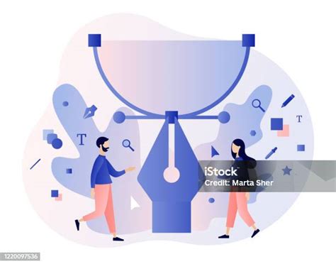 그래픽 디자인 스튜디오 큰 펜을 가진 작은 디자이너 일러스트레이터 또는 벡터 아티스트 디자이너 도구 현대 평면 만화 스타일입니다 흰색 배경의 벡터 그림 개념에 대한 스톡