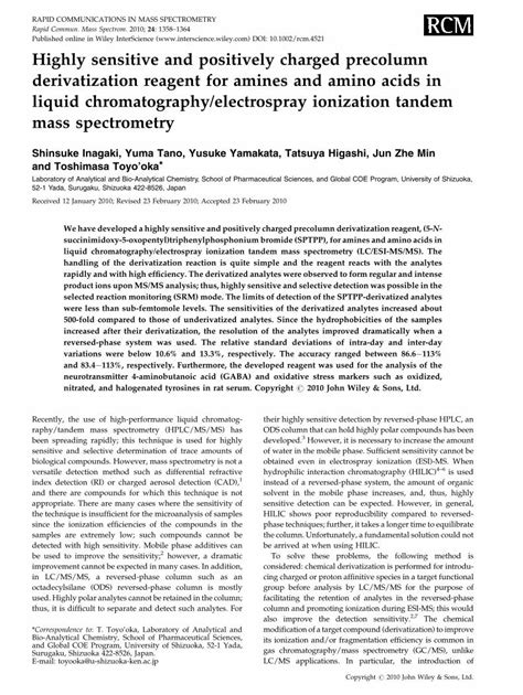 Pdf Highly Sensitive And Positively Charged Precolumn Derivatization Reagent For Amines And