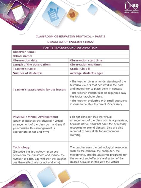 Classroom Observation Protocol Part 2 Pdf Classroom Teachers