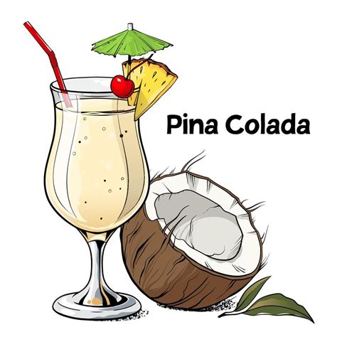 Pina Colada Cocktail Hand Drawn Alcohol Drink With Coconut Pineapple