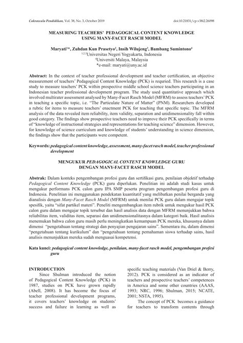 Pdf Measuring Teachers Pedagogical Content Knowledge Using Many Facet Rasch Model
