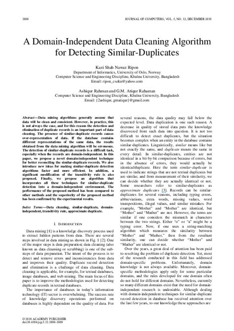 Pdf A Domain Independent Data Cleaning Algorithm For Detecting