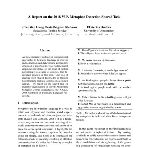 A Report On The 2018 Vua Metaphor Detection Shared Task Acl Anthology