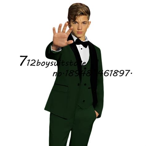 짙은 녹색 남아 정장 재킷 바지 조끼 3 피스 정장 웨딩 턱시도 목도리 칼라 키즈 정장 세트 슬림핏 완벽한 옷 Aliexpress