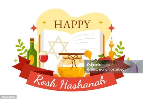 해피 로쉬 하샤나 벡터 그림은 사과 석류 꿀 꿀벌과 함께 플랫 만화 손으로 그린 템플릿에 유대인 새해 휴일 9월에 대한 스톡