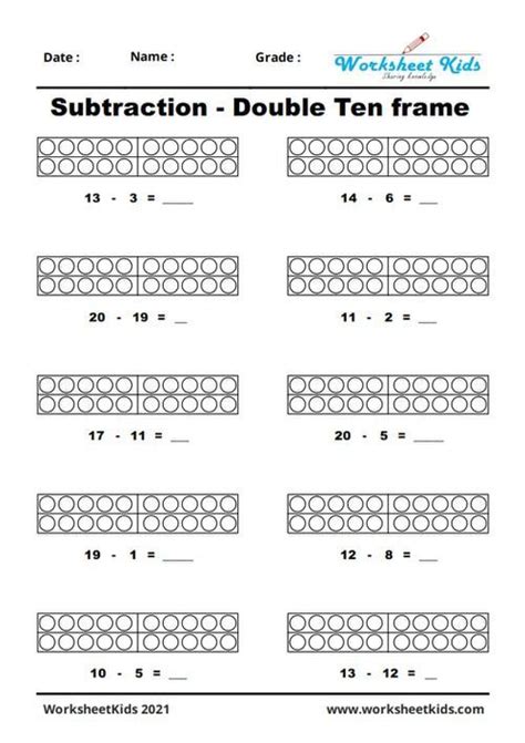 Double Ten Frame Subtraction First Grade Free Printable Worksheets Activities Ten Frame
