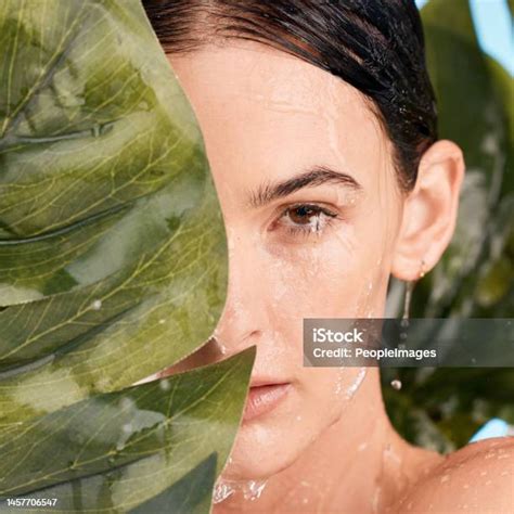 몬스테라 스킨케어 스튜디오 샤워실에서 자연스러운 메이크업 미용 친환경 화장품을 위한 여성 식물 나뭇잎 자연 젊은 모델 초상화와 얼굴을 위한 물방울 여자에 대한 스톡 사진 및