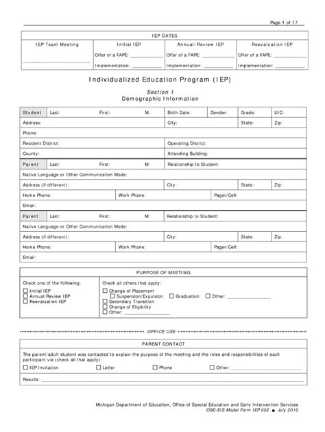 MI OSE EIS Model Form IEP Fill Online Printable Fillable Blank